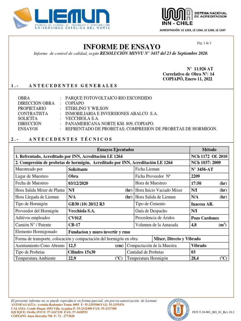 Informe de Ensayo: Informe de Control de Calidad, Según RESOLUCIÓN ...