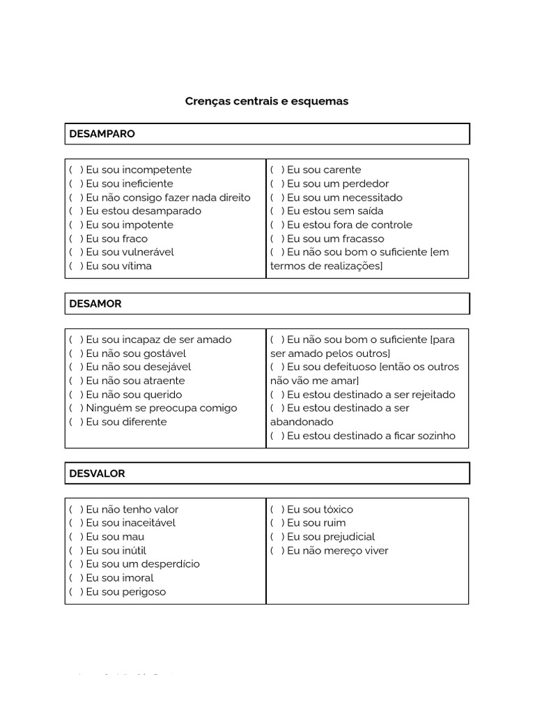 Exemplos de Crenças Desamor Desamparo e Desvalor | PDF