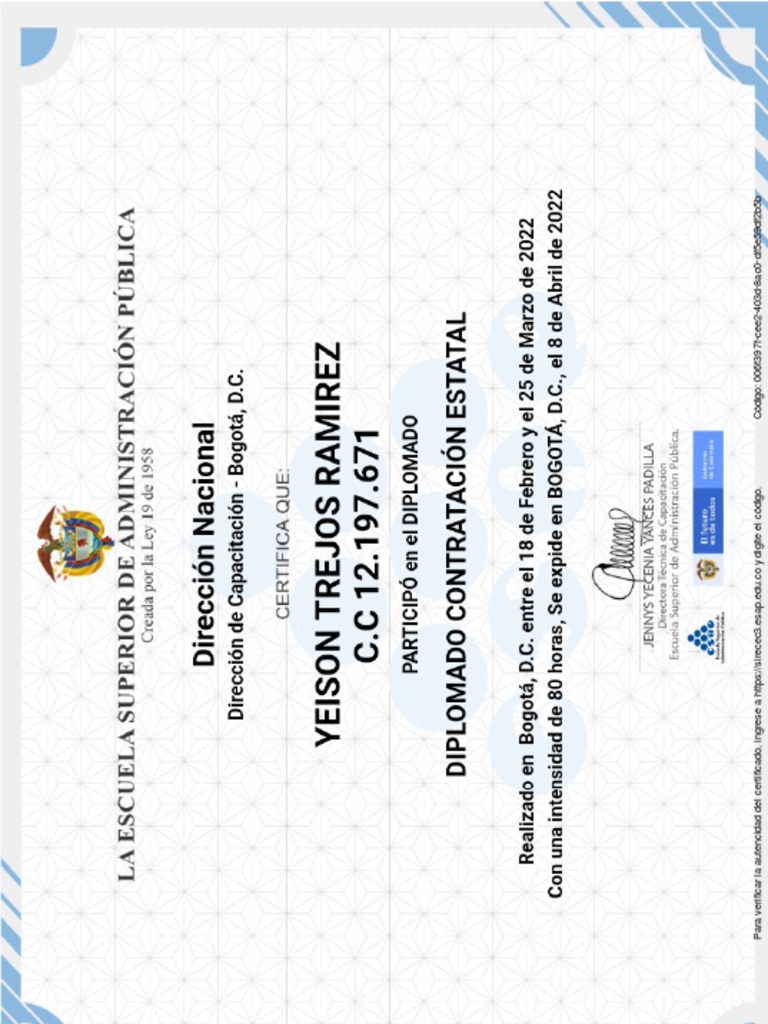 Certificado YEISON TREJOS RAMIREZ Curso DIPLOMADO CONTRATACIÓN ESTATAL | PDF