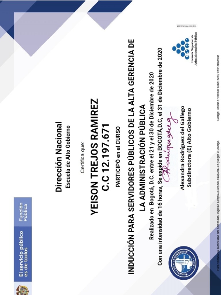 Certificado YEISON TREJOS RAMIREZ Curso INDUCCIÓN PARA SERVIDORES PÚBLICOS DE LA ALTA GERENCIA ...