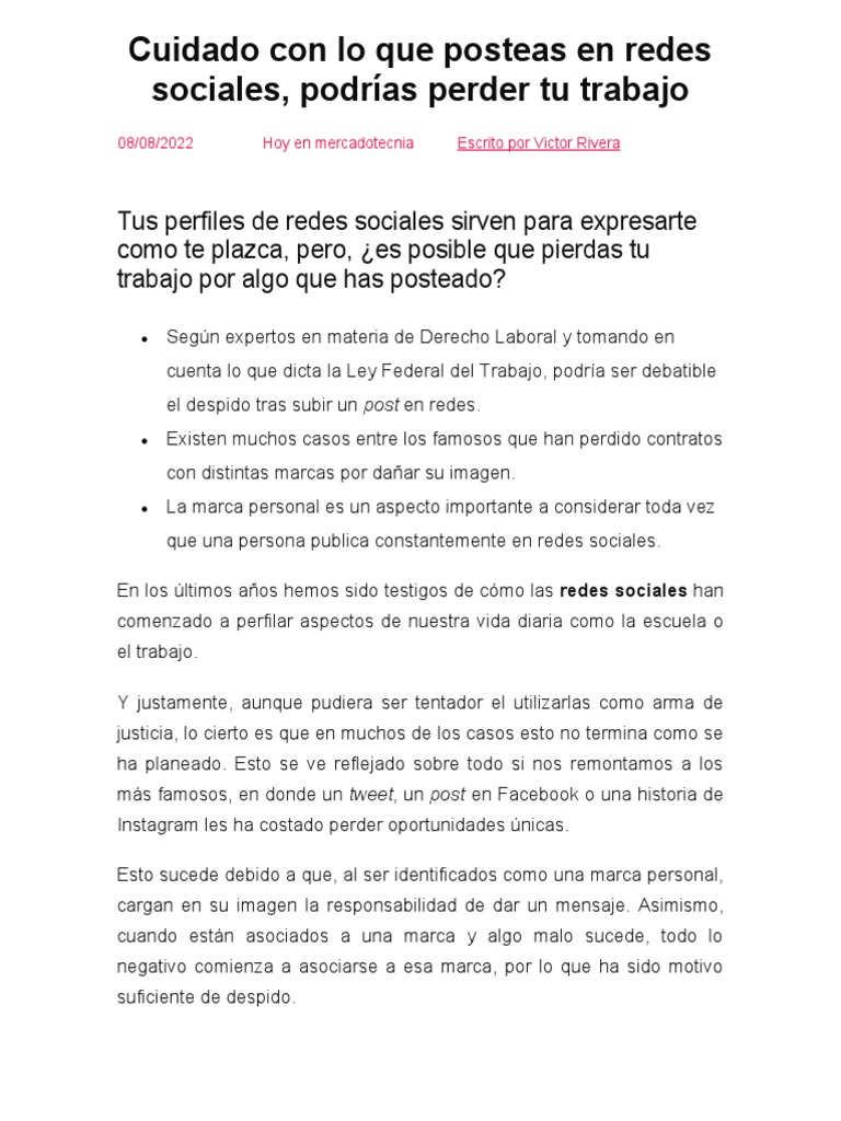 Riesgos Laborales de Postear en Redes | PDF