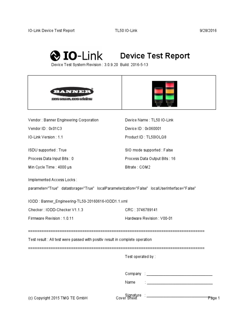 TL50 IO-Link Device Test Report | PDF | Information Age | Computer Data