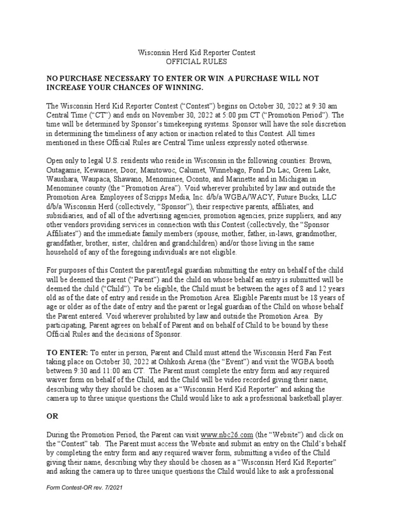 Wisconsin Herd Kid Reporter Contest Official Rules | PDF | Jurisdiction ...