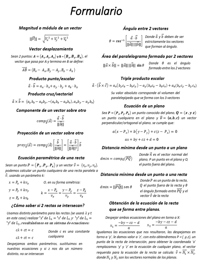 Formulario, Vectores en El Espacio | PDF | Vector Euclidiano | Geometria plana)