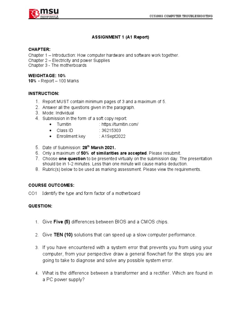 Computer Troubleshooting ASSIGNMENT 1 | PDF | Power Supply | Data