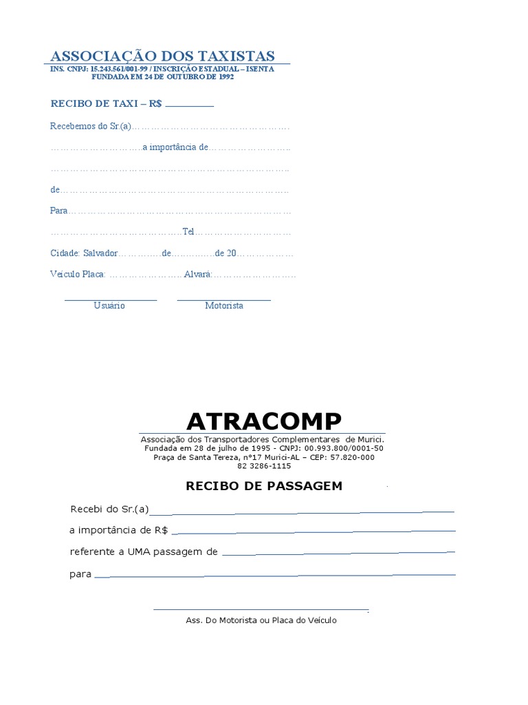 Recibo de Taxi e Passagem para Impressão | PDF