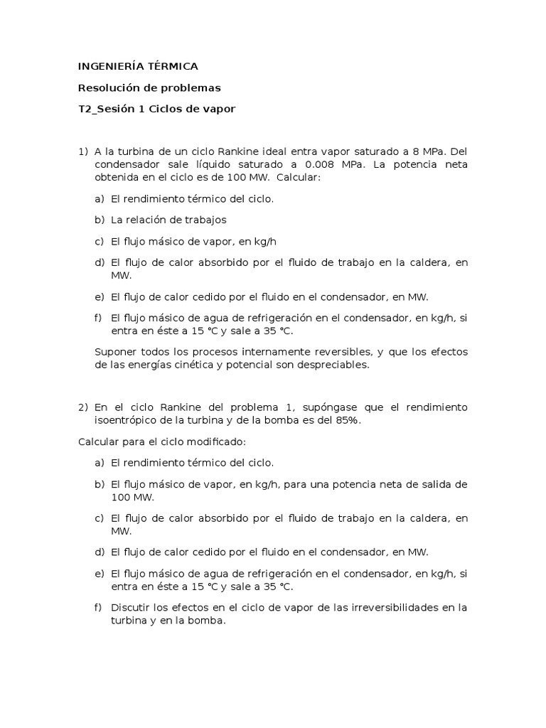 Problemas de Ciclos de Vapor en Ingeniería Térmica | PDF | Mecánica de ...