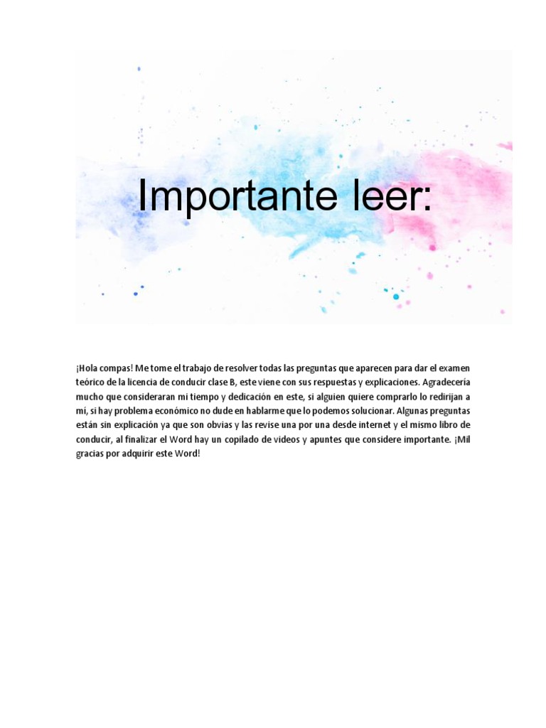 Examen Teórico Licencia Conducir Clase B | PDF | Neumático | Semáforo