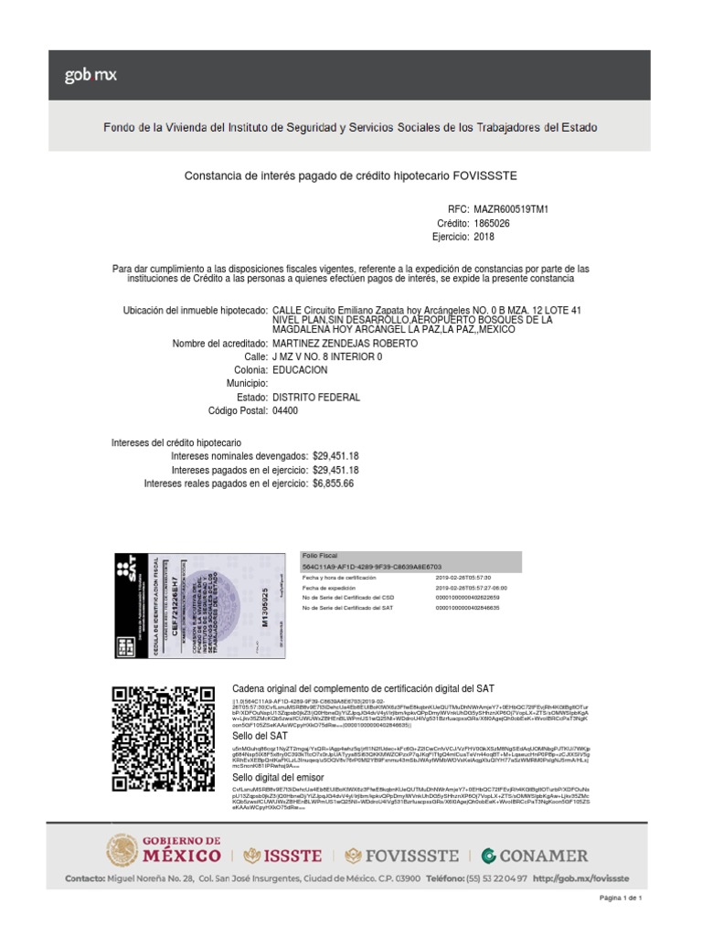 Constancia de Interés Pagado de Crédito Hipotecario FOVISSSTE | PDF | Ley de recursos naturales ...