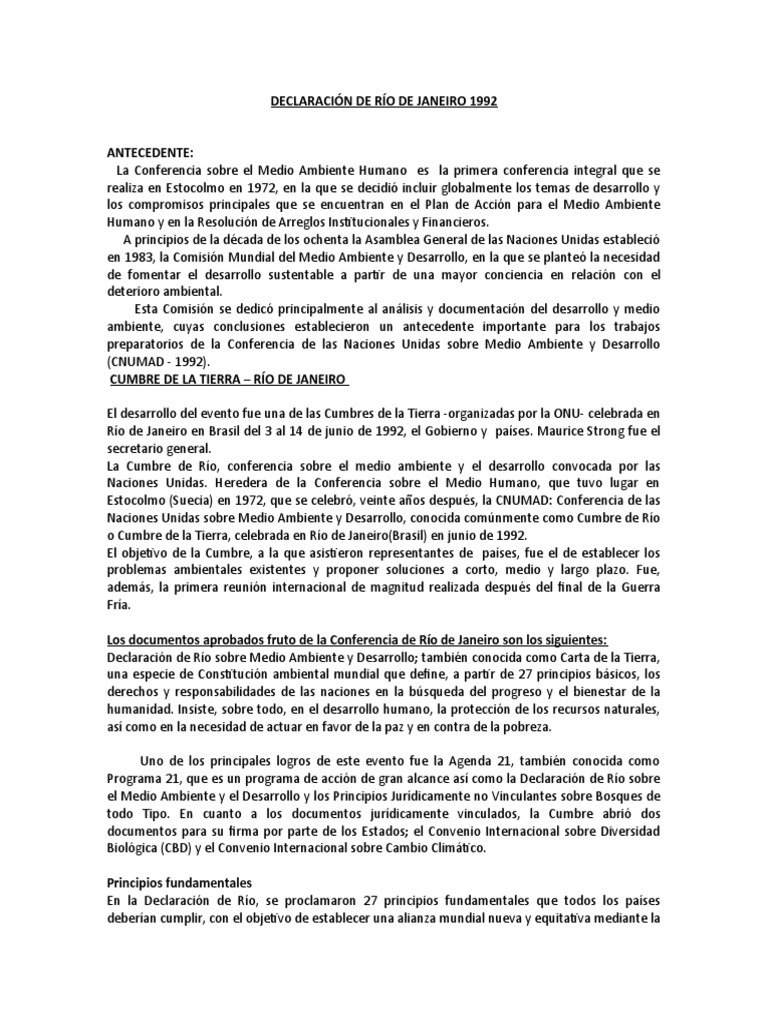 Declaración de Río de Janeiro 1992 | PDF | Sustentabilidad | Desarrollo ...