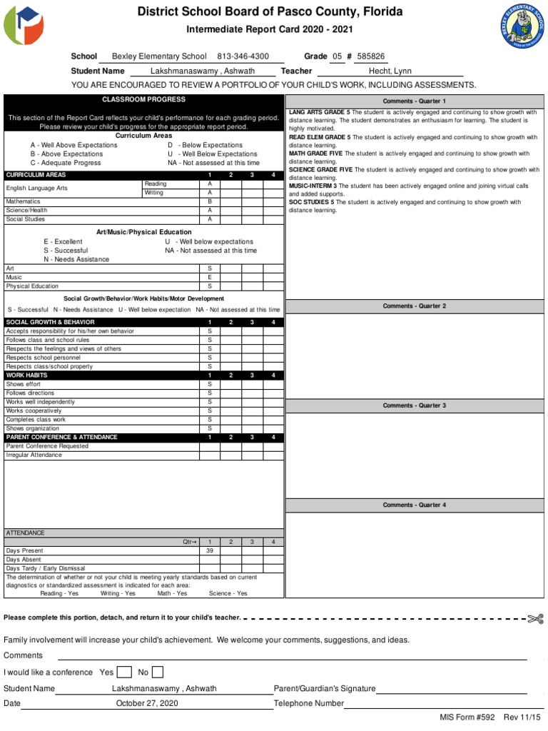 Intermediate Report Card 2020 - 2021: School Grade 05 # 585826 Student Name Teacher | PDF ...