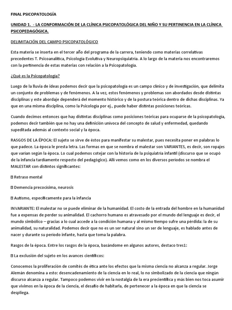 Resumen Final Psicopatologia | PDF | Psicoanálisis | Neurosis