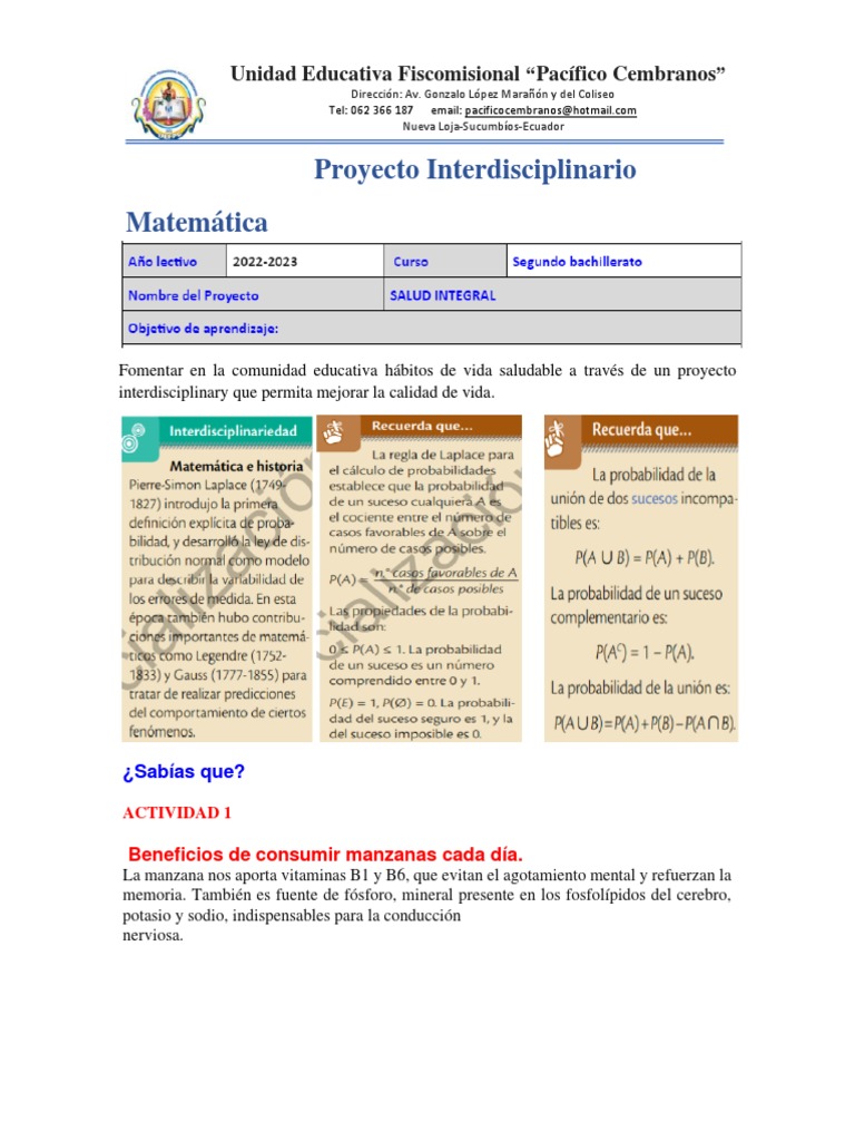 Proyecto 1er Parcial 2do Bachillerato Matematica | PDF