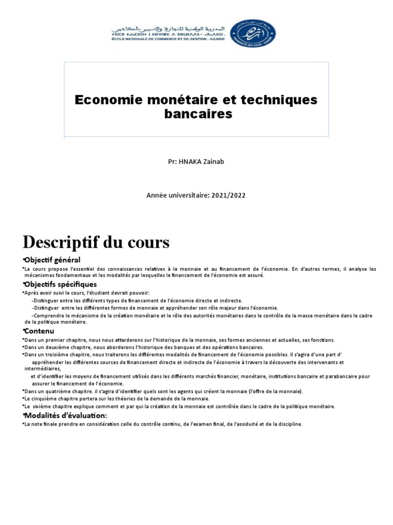 Cours - Economie Monétaire Et Techniques Bancaires VF - 2021-2022 | PDF | Banques | Argent