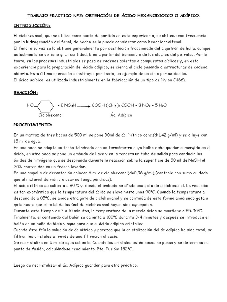 Síntesis de Ácido Adípico desde Ciclohexanol | PDF | Agua | Ácido