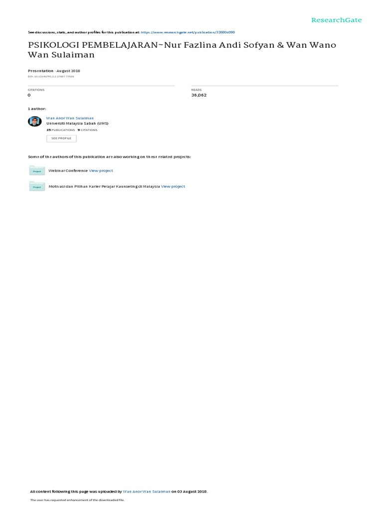 PSIKOLOGIPEMBELAJARANNur Fazlina Andi Sofyan Wan Wano Wan Sulaiman | PDF