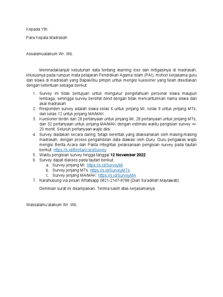 Surat Petunjuk Pengisian Kuesioner | PDF