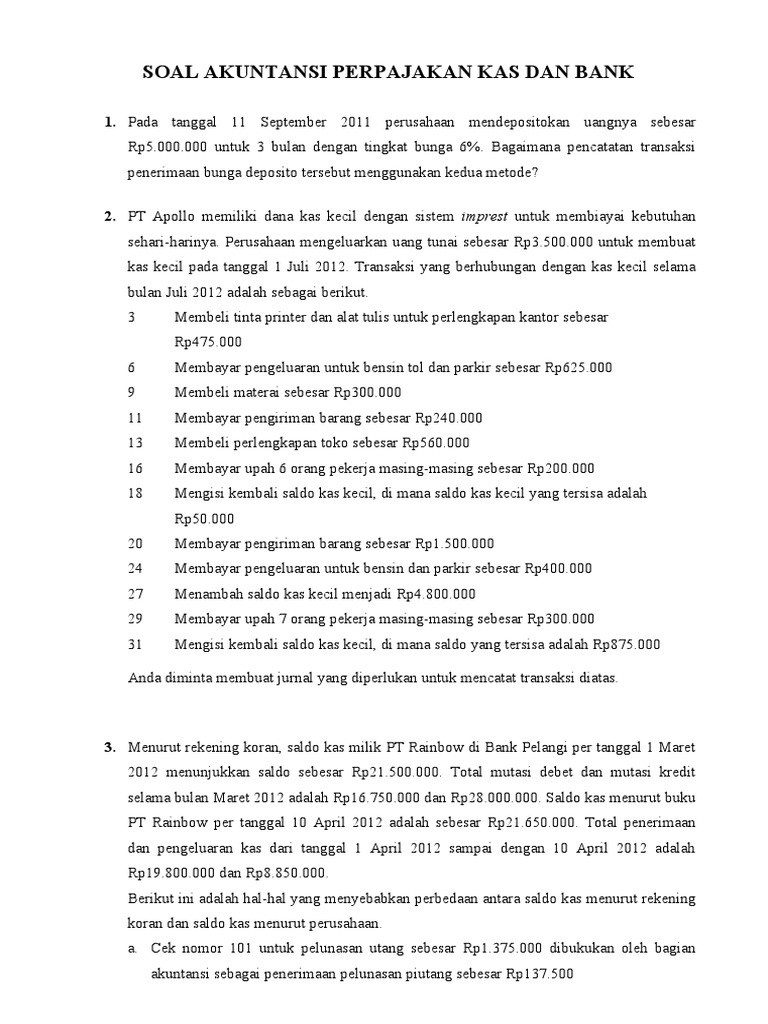 Soal Akt Pajak Kas, Piutang Dan Persediaan | PDF | Pengelolaan Keuangan & Uang