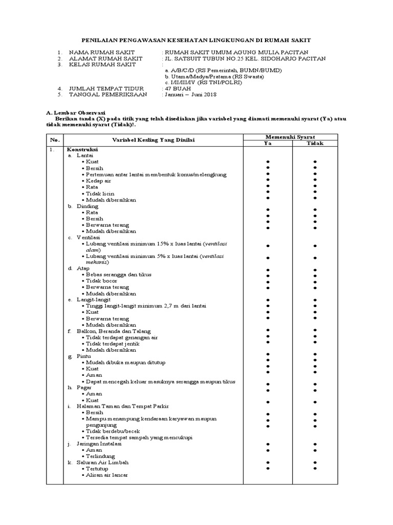 Lembar-Observasi-Inspeksi-Kesling-Di-RS AGUNG MULIA PCT | PDF