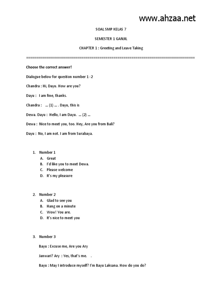 Soal SMP Kelas 7 Semester 1 Chapt 1 Greeting | PDF