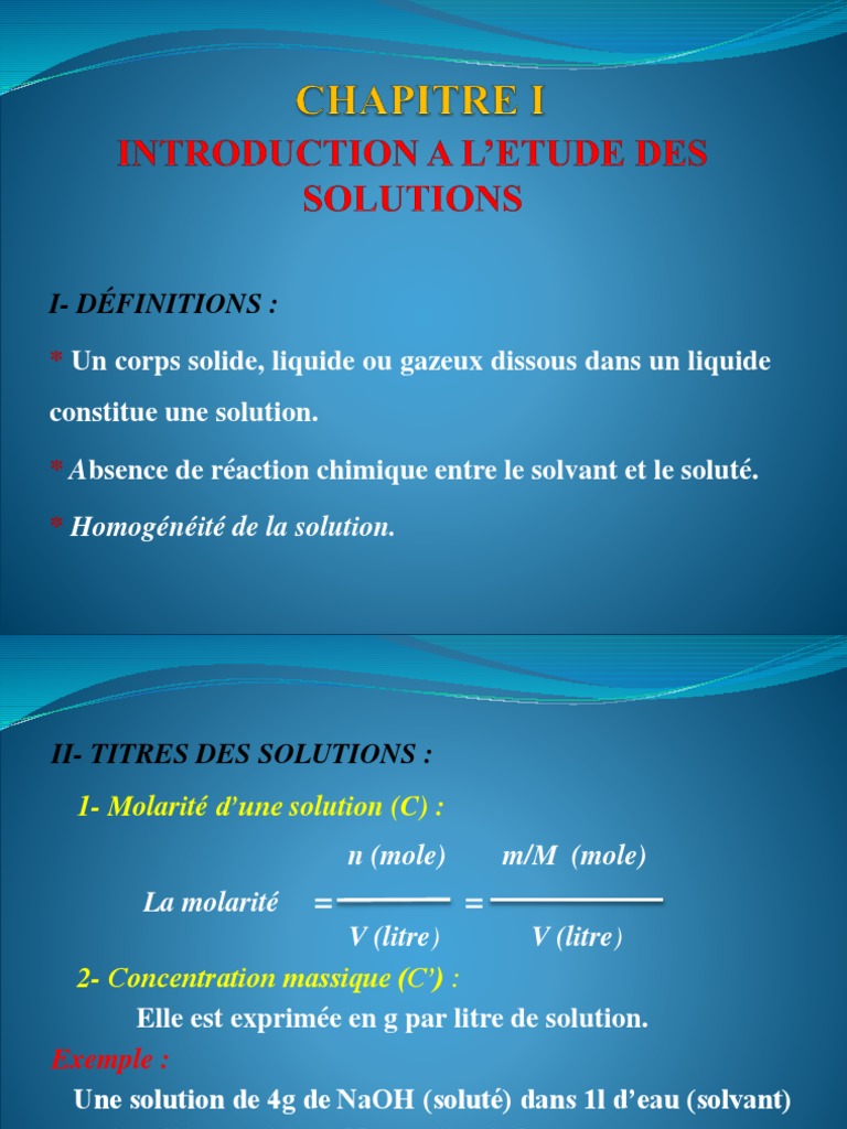 Molarité et concentration des solutions | PDF | Dissociation (chimie ...