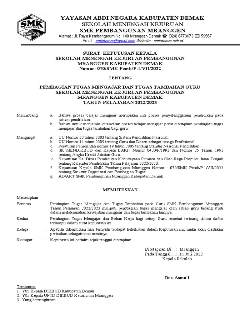 SK Pembagian Tugas Guru 2022-2023 | PDF