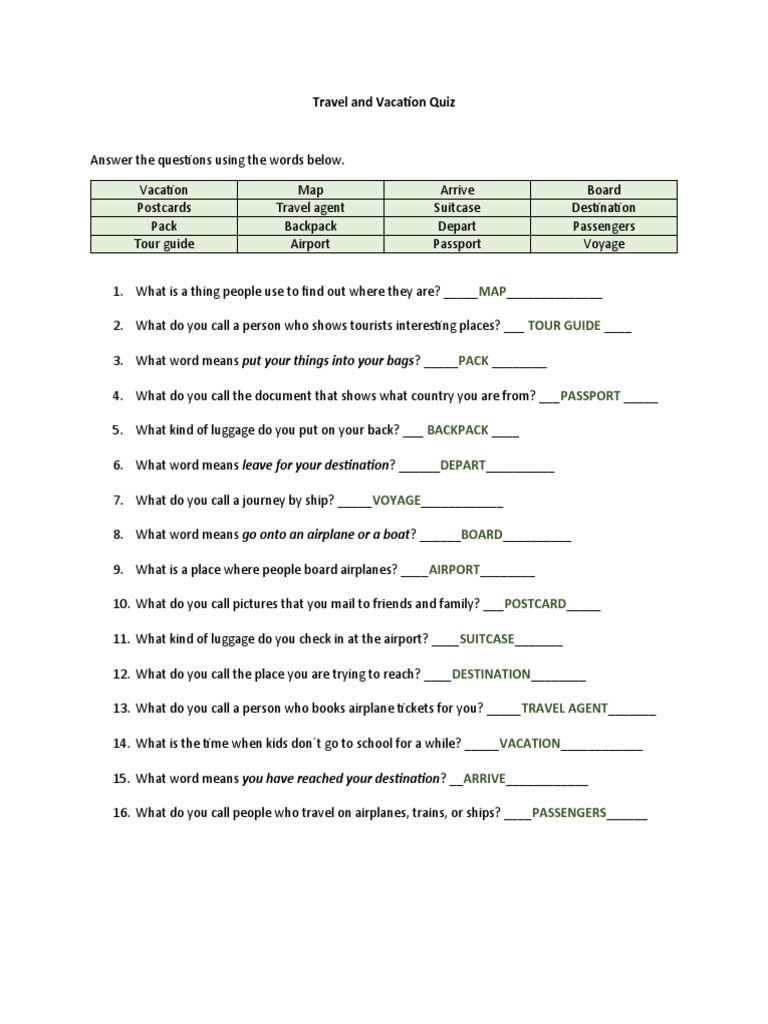 Travel and Vacation Quiz Worksheet | PDF