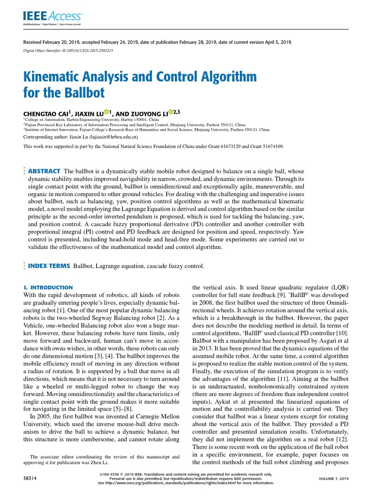 Kinematic Analysis and Control Algorithm for the Ballbot: A Novel Dynamic Model and Cascade ...