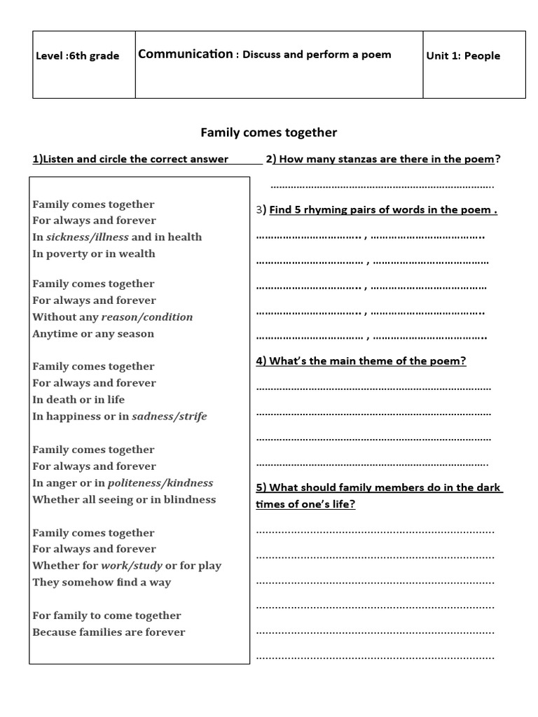 Poem Family Comes Together - Worksheet | PDF