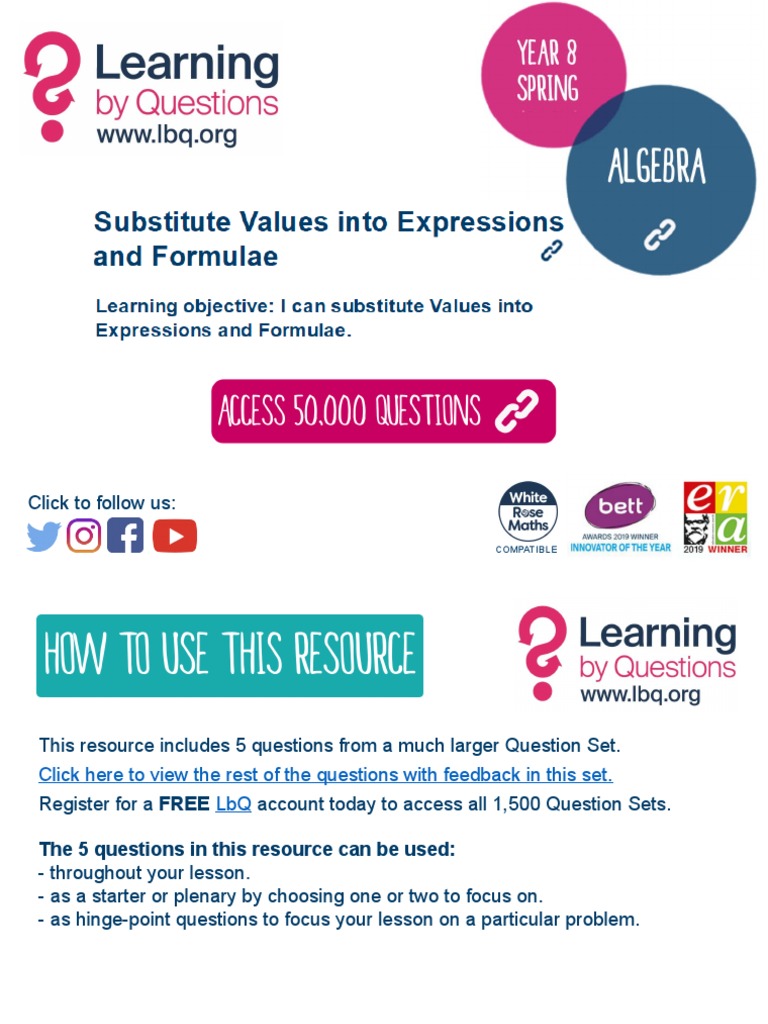 Y8 Substitute Values Into Expressions and Formulae | PDF