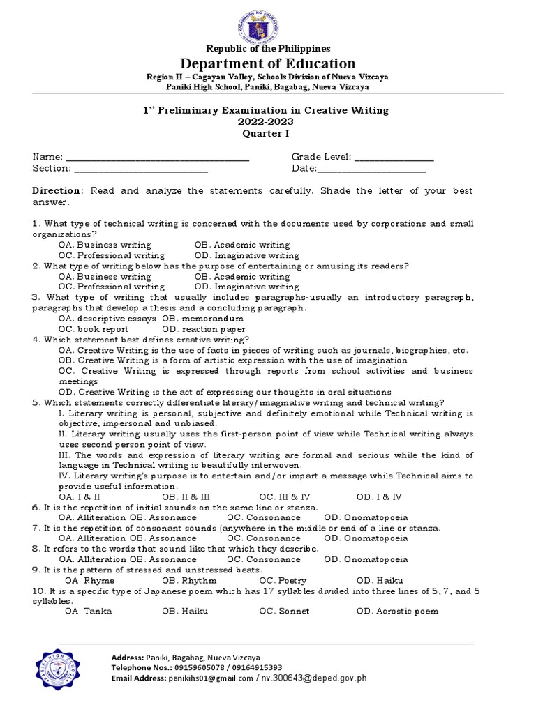Creative Writing Exam Questions 2022-2023 | PDF | Poetry | Cognition