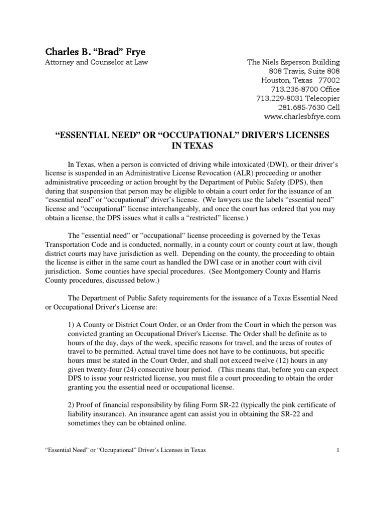 Texas Occupational Driver's License Guide | PDF | Driving Under The ...