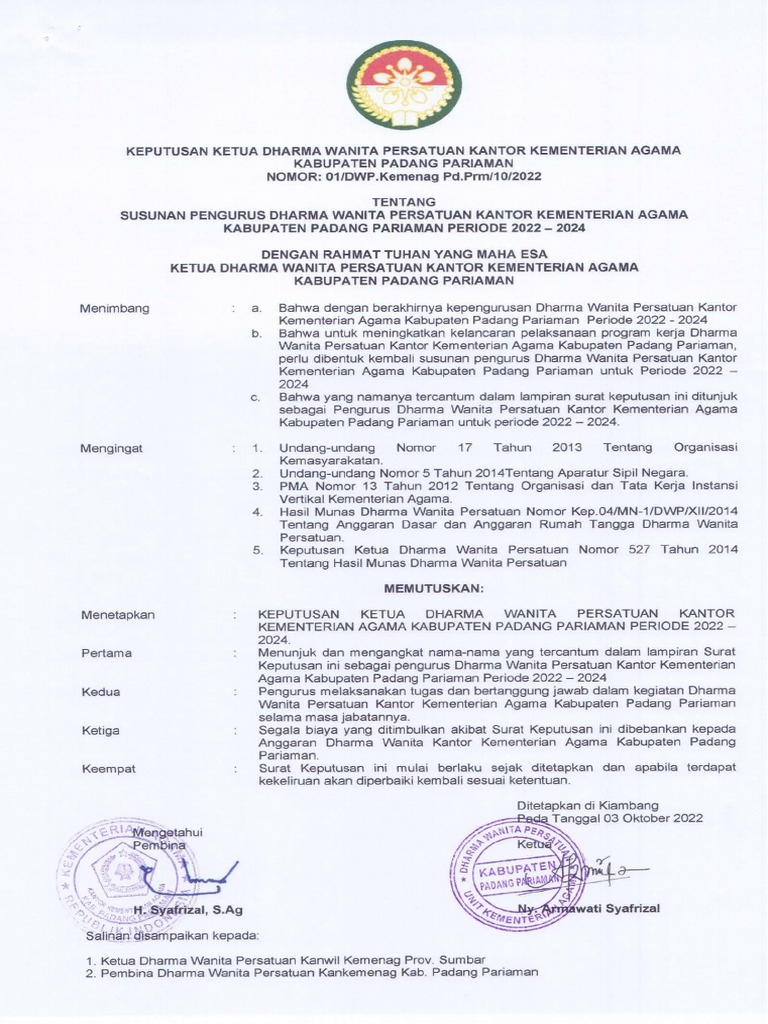 SK Pengurus DWP Periode 2022-2024 | PDF