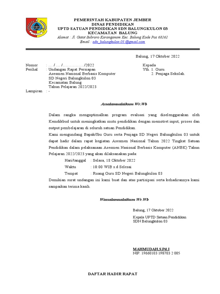 Undangan, Daftar Hadir, Notulen, Rapat Dan Berita Acara ANBK 2021 | PDF