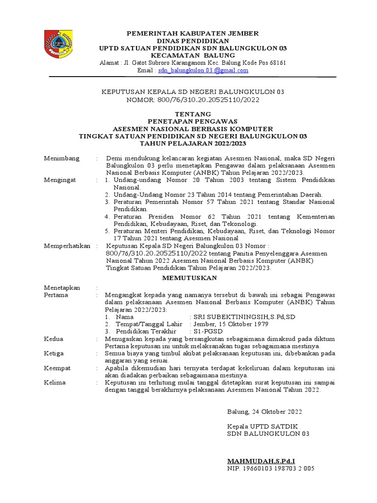 SK Pengawas ANBK Tahun 2021 Tingkat Satuan Pendidikan | PDF