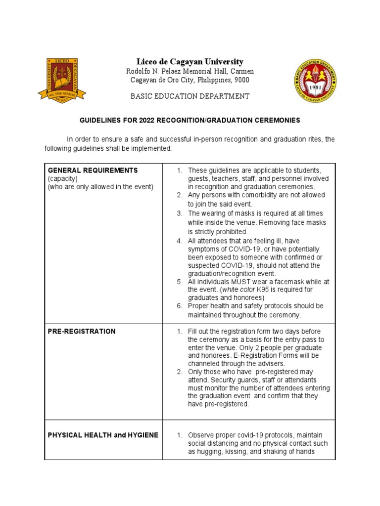 GUIDELINES For 2022 RECOGNITION and GRADUATION CEREMONIES | PDF ...