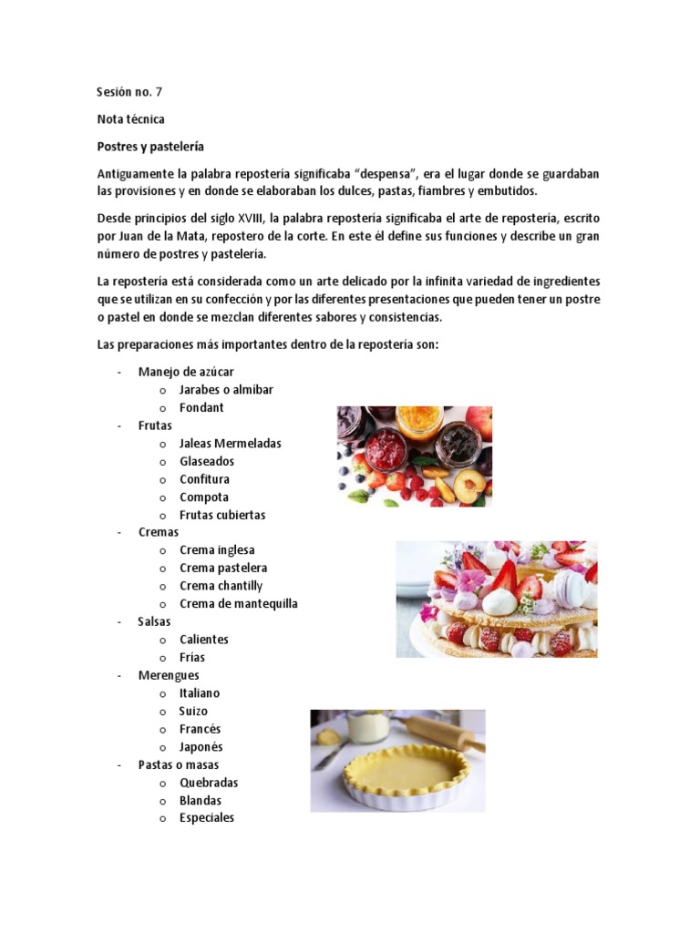 Nota Técnica Sesión No. 7 (Postres y Pastelería) | PDF | Postres | Crema