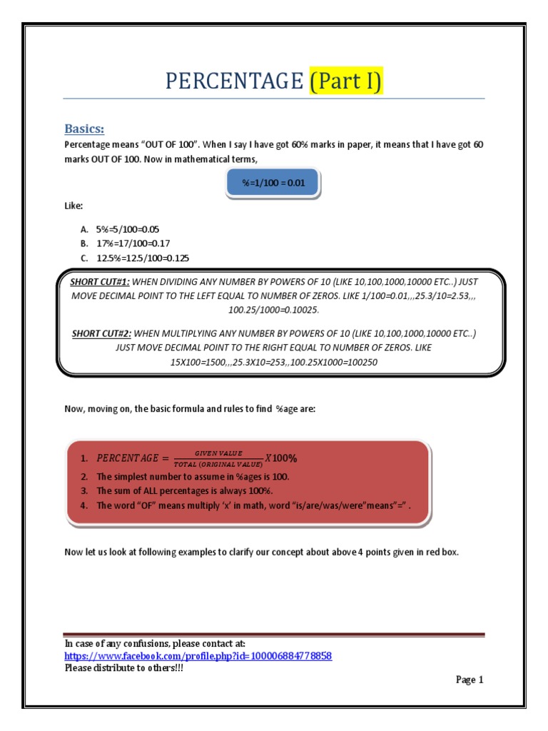 Percentage Part I | PDF | Equations | Multiplication