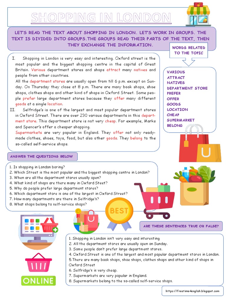 Shopping in London Reading Comprehension Exercises 145664 | PDF ...