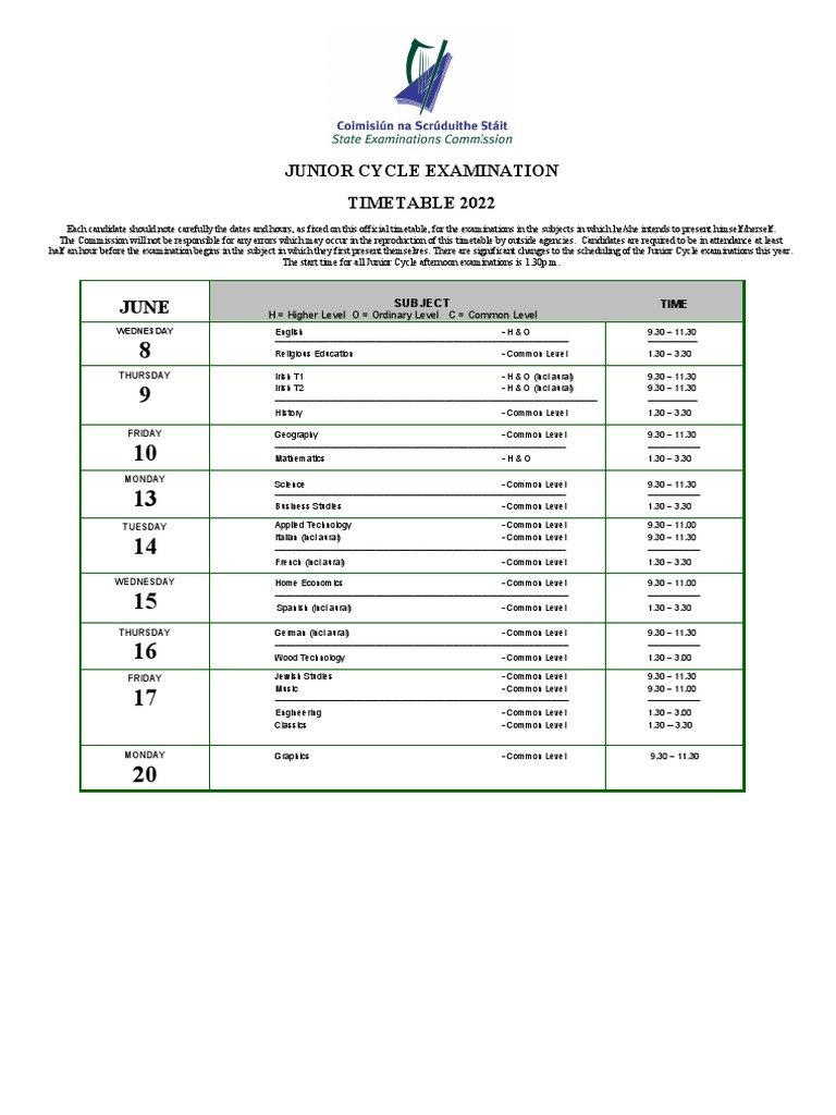 2022 Junior Cycle Exam Timetable | PDF | Qualifications | Educational ...