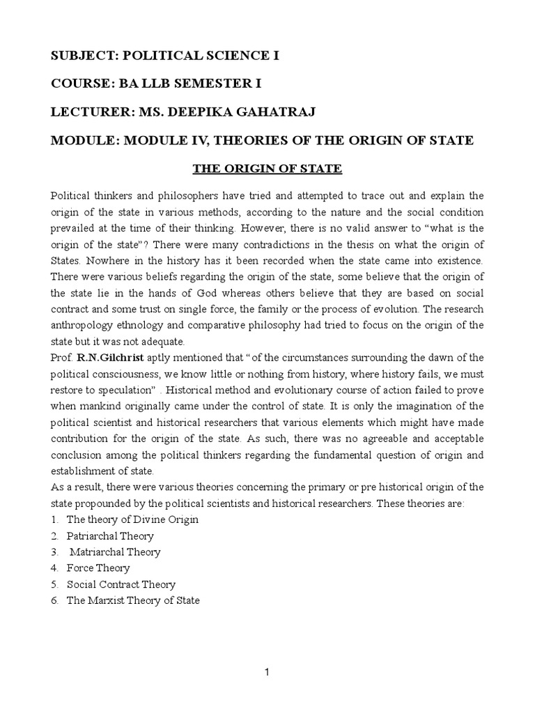 Subject: Political Science I Course: Ba LLB Semester I Lecturer: Ms ...