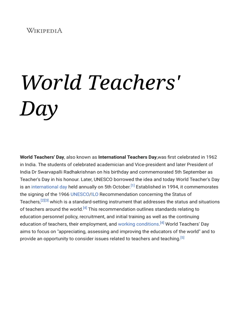 World Teachers' Day - Wikipedia | PDF