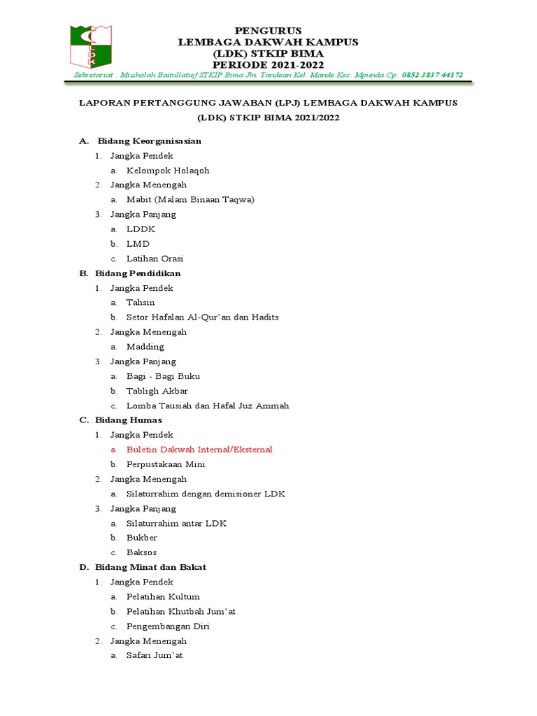 PROGRAM KERJA LDK Periode 2021-2022 | PDF