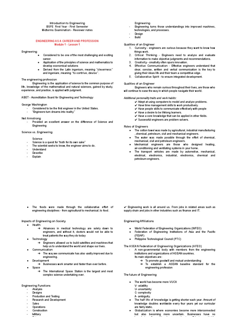 Intro To Engineering Reviewer Notes | PDF | Design Thinking | Engineering