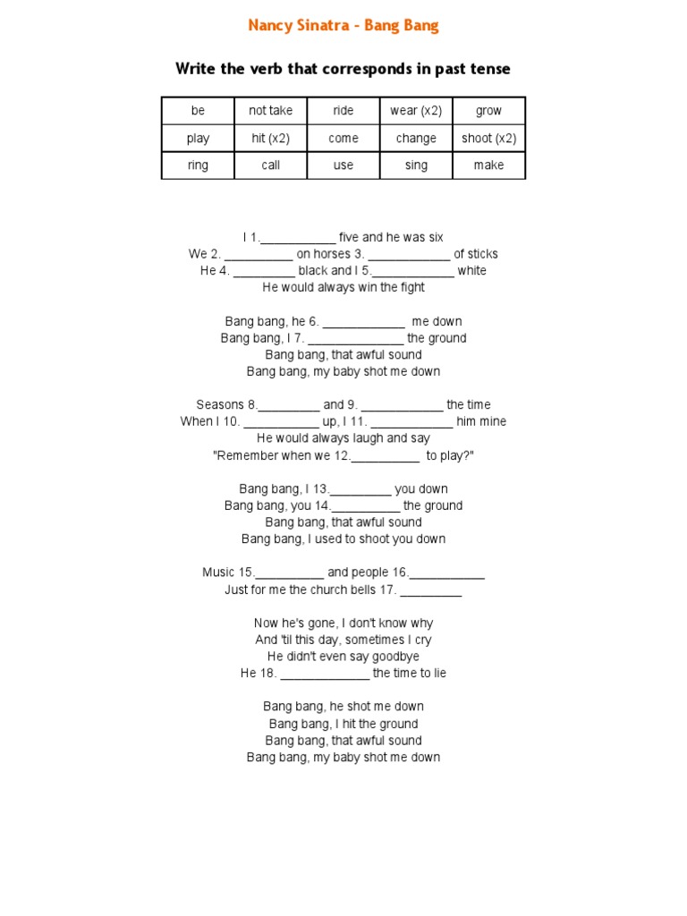 Past Tense Song Bang Bang by Nancy Sinatra Activities With Music Songs ...