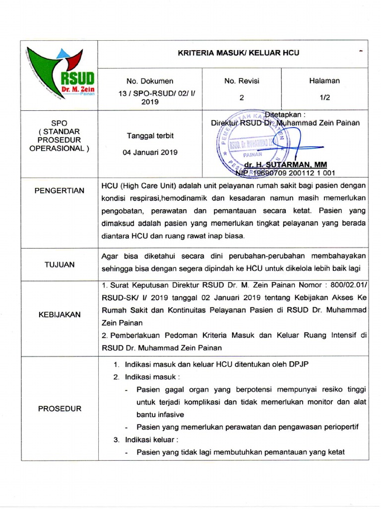 Spo Kriteria Masuk Atau Keluar Hcu 2019 | PDF