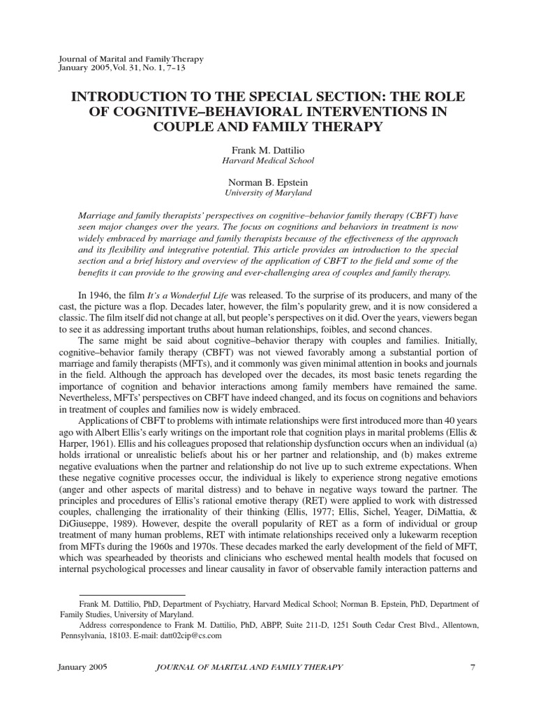 Introduction To The Special Section: The Role of Cognitive-Behavioral Interventions in Couple ...