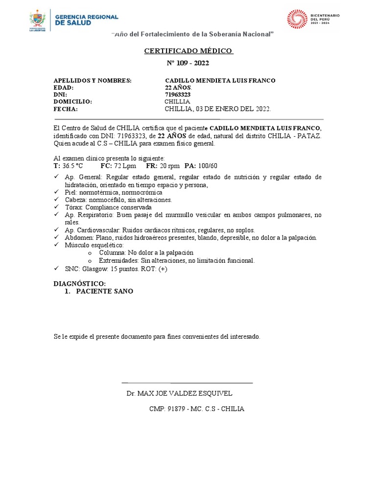 Certificado Medico - Sano | PDF