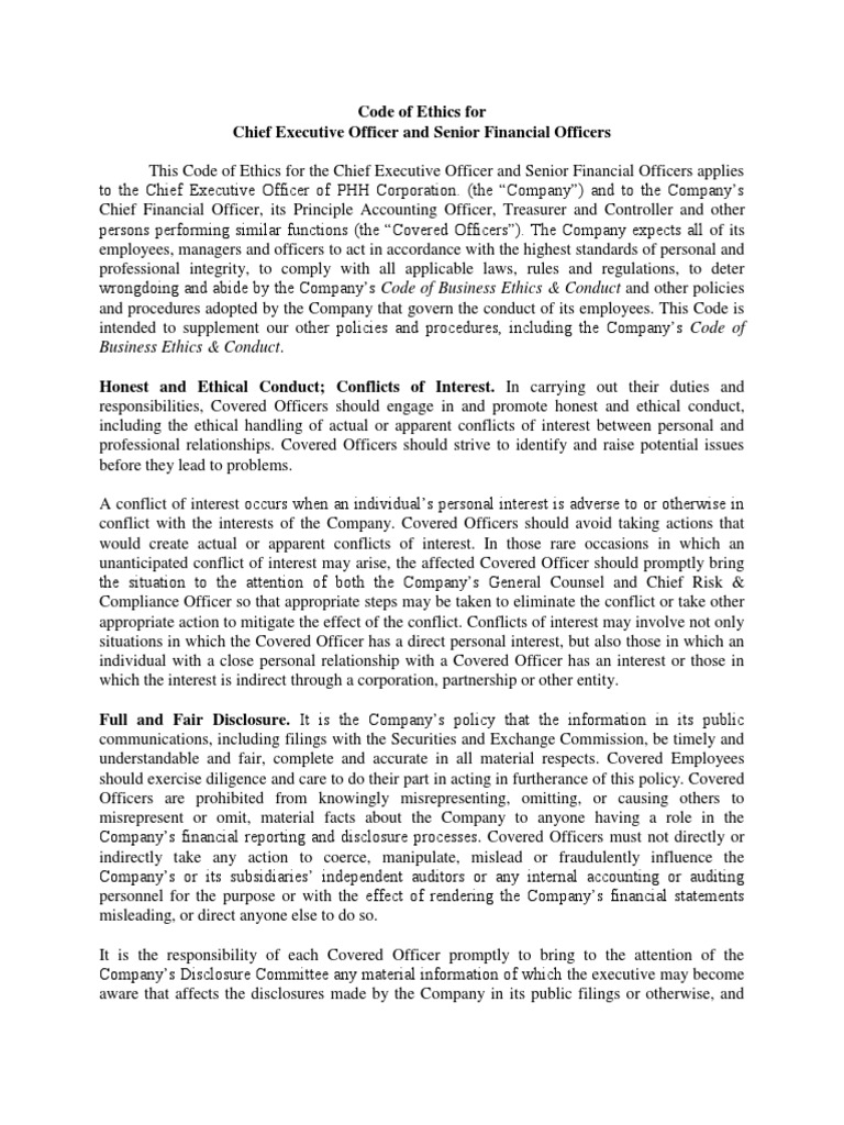 Code of Ethics For CEO SFOs | PDF | Conflict Of Interest | Financial Audit
