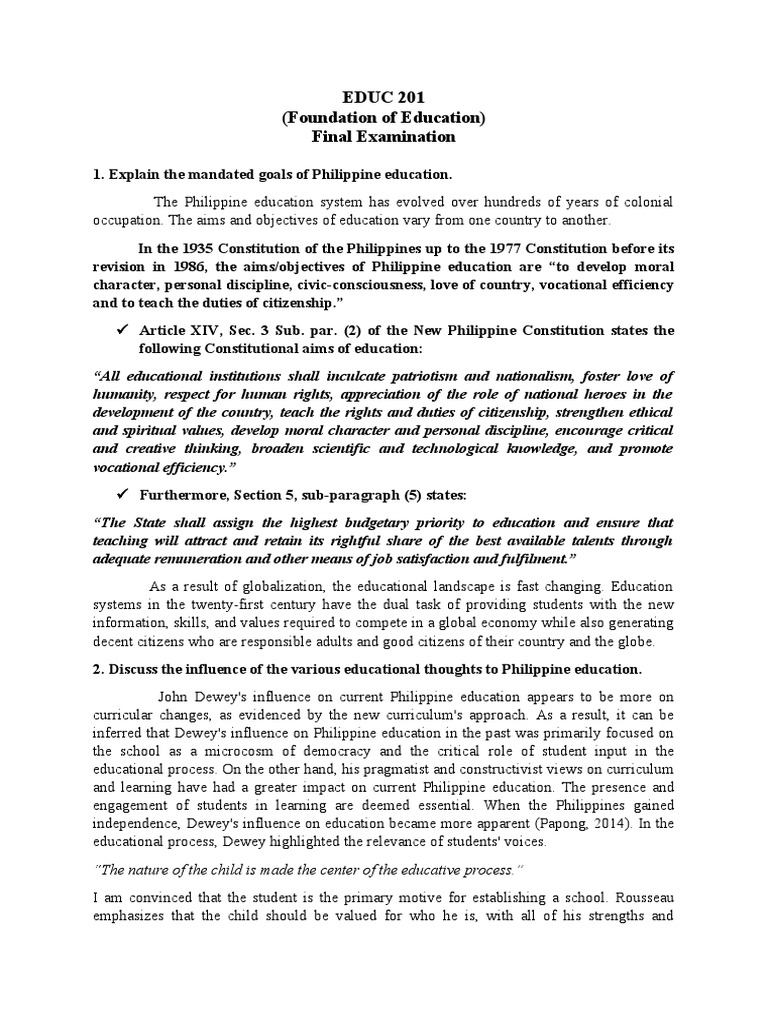 EDUC 201 (Foundation of Education) Final Examination | PDF | Metaphysics | Idealism